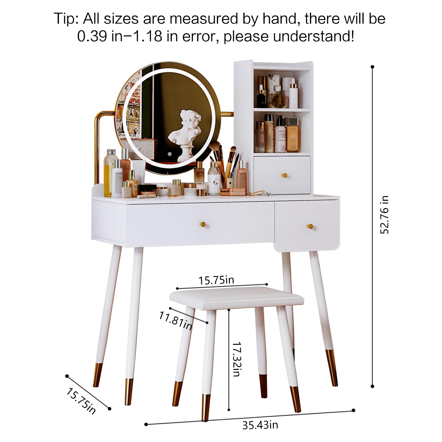 Milky White,Make Vanity Set with Touch Screen Dimming Mirror, 3 Color Lighting Modes, Dressing Table with 3 Sliding Drawers, Modern Bedroom Makeup Table and Cushioned Stool Set for Women Girls