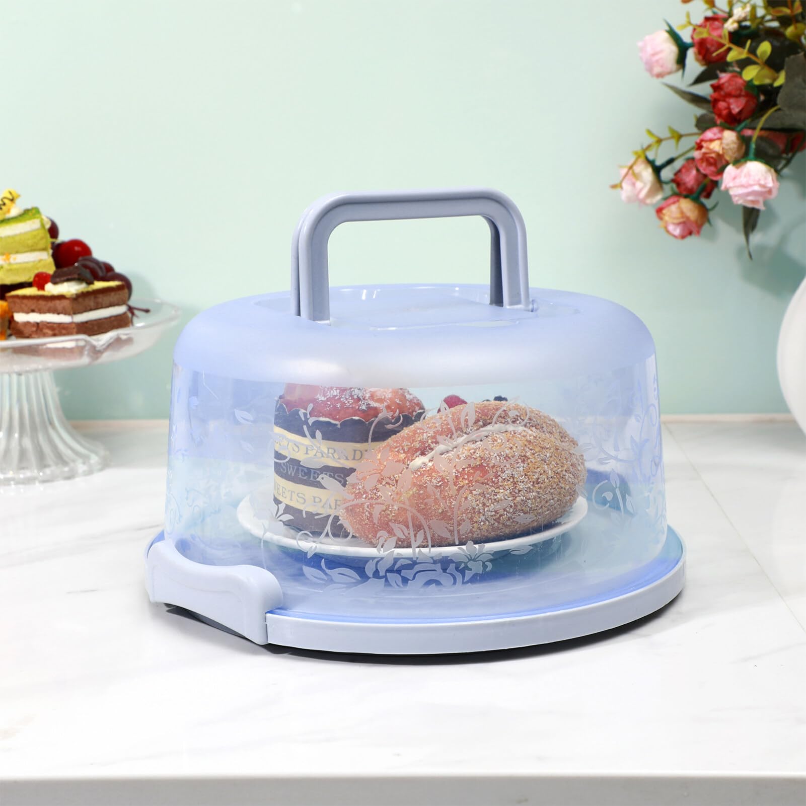DOITOOL Round Cake Carrier with Handle Two Sided Cake Holder, Plastic Cake Keeper with Cover, Portable Cake Container Cake Stand Fits 9 Inch Cake, Pies, Cookies, Nuts, Muffins
