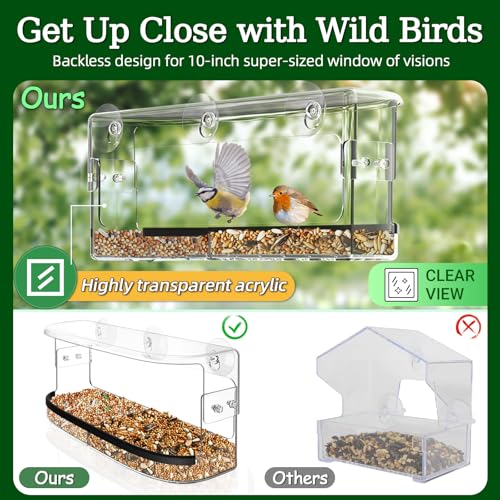 Ermete Window Bird Feeder With Strong Suction Cups, Large View Clear Feeder, Seed Tray, 13in x 5.5in x 4.2in for Outside
