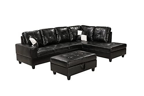 BIADNBZ PU Sectional Sofa L-Shaped Couch with Right Chaise Lounge, Storage Ottoman and 2 Pillows for Living Room Apartment, Black