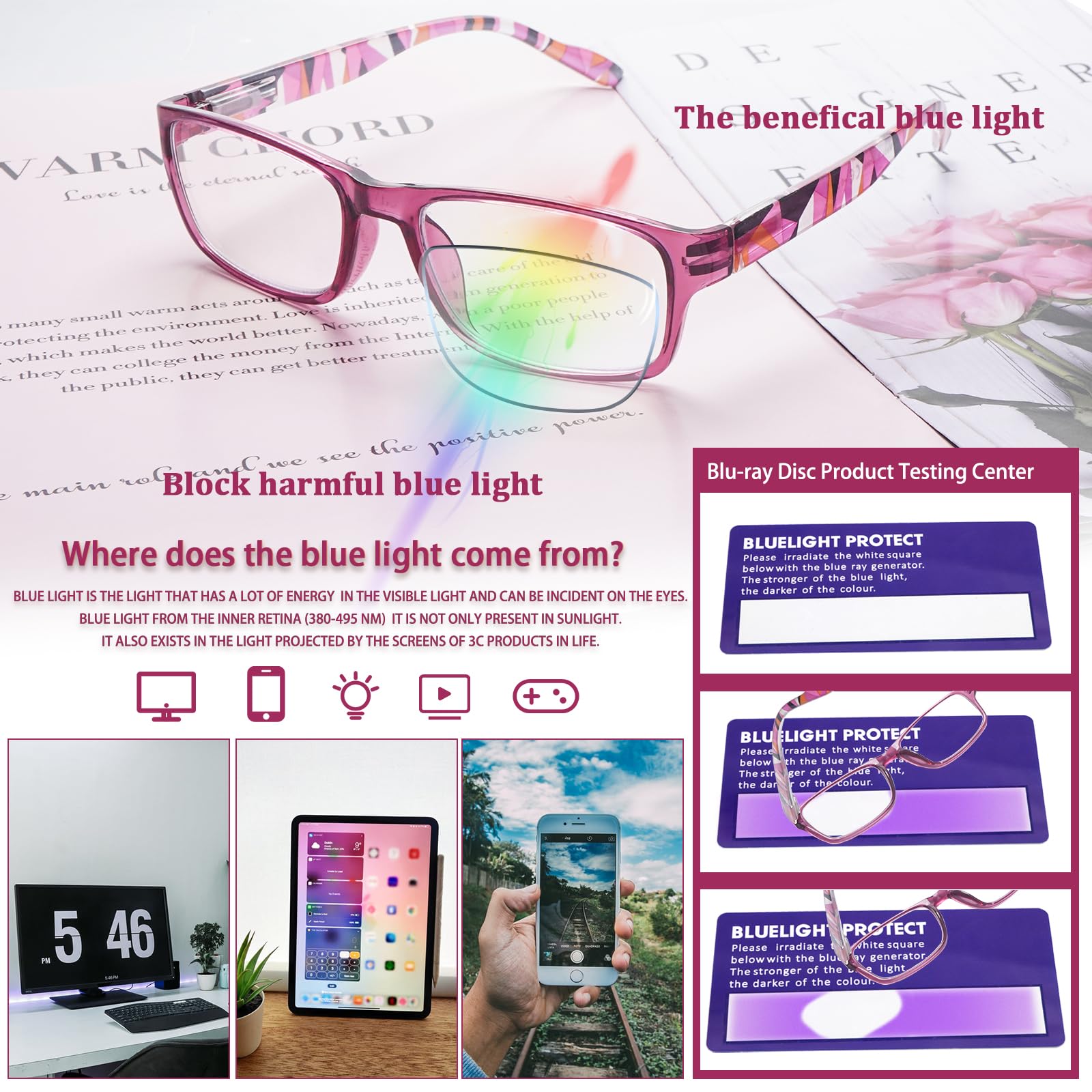 BONCAMOR 6 Pack Stylish Reading Glasses for Women Men Blue Light Blocking Square Spring Hinges Computer Readers (6 Mix-3, 2, diopters)