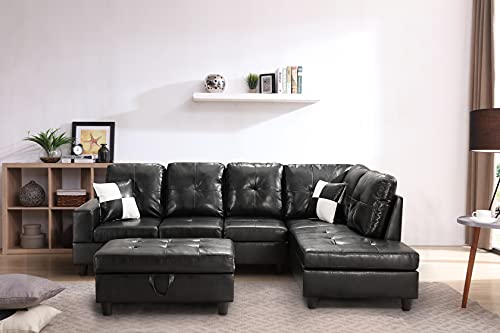 BIADNBZ PU Sectional Sofa L-Shaped Couch with Right Chaise Lounge, Storage Ottoman and 2 Pillows for Living Room Apartment, Black