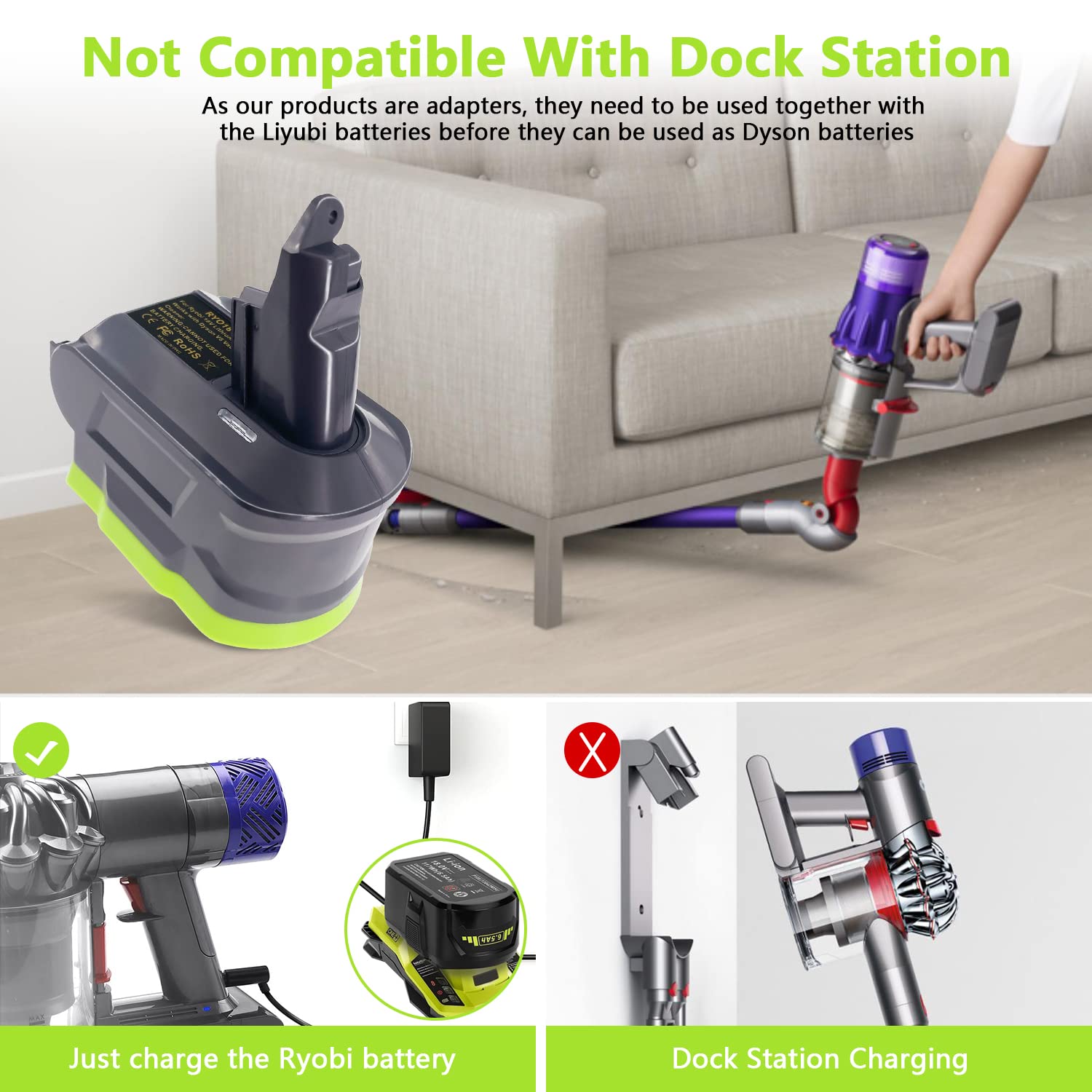 UNIKI V6 Adapter for Dyson V6 Battery,Work for Ryobi 18V Lithium Battery Convert to Dyson V6 DC58 DC59 DC61 DC62 SV04 SV09 Battery V6 Absolute/Motohead/Animal+Fluffy/Mattress/Vacuum