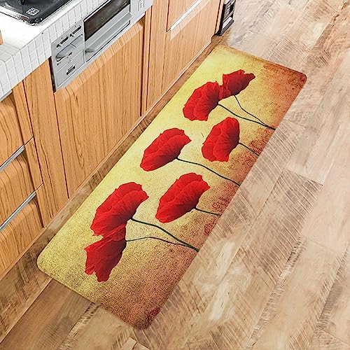 Libaoge Kitchen Mat Rug 1 PCS Red Flowers Under Sunset Runner Rug Anti-Fatigue Comfort Memory Foam Standing Mat Non-Slip Floor Door Mat for Bathroom Bedroom 20x47in