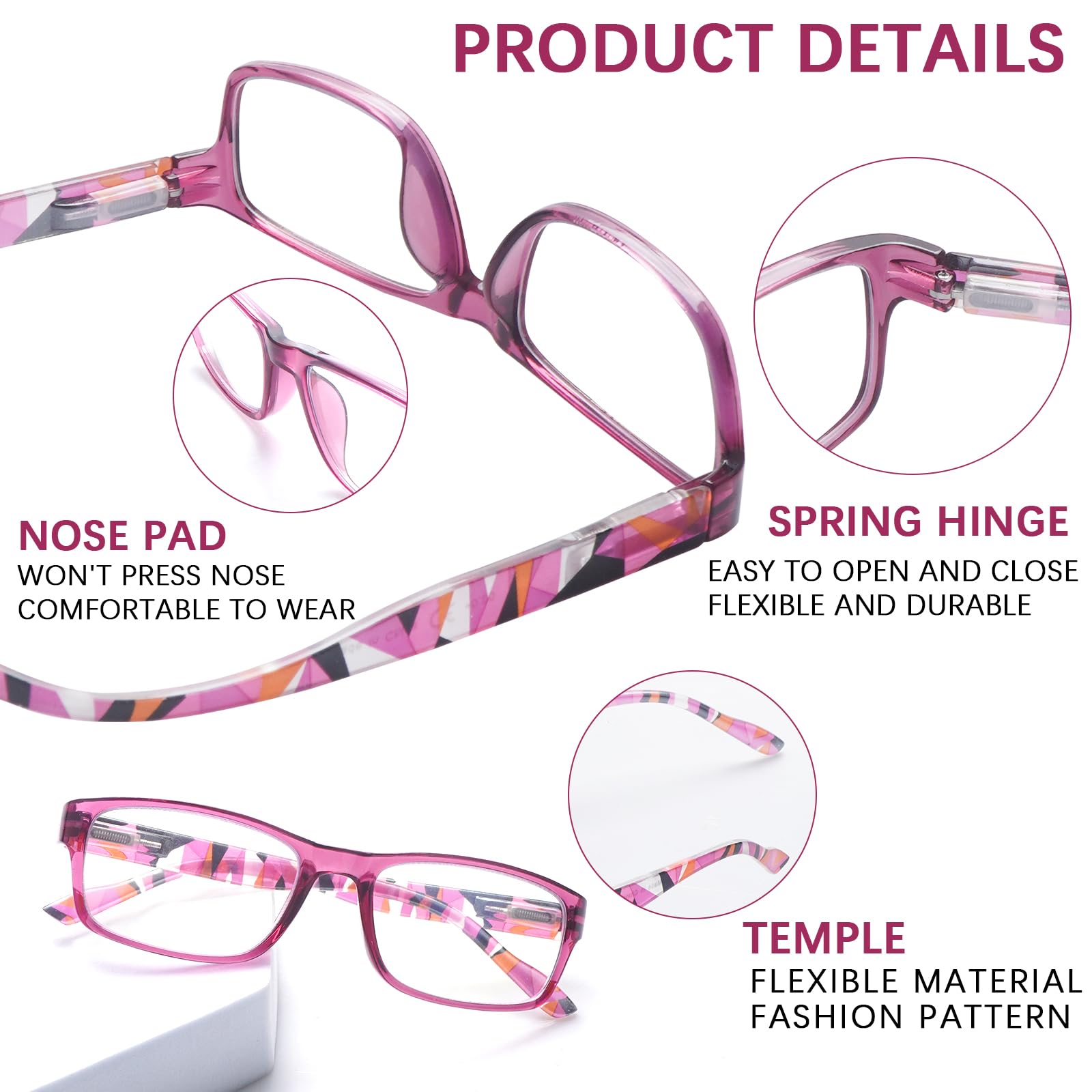 BONCAMOR 6 Pack Stylish Reading Glasses for Women Men Blue Light Blocking Square Spring Hinges Computer Readers (6 Mix-3, 2, diopters)