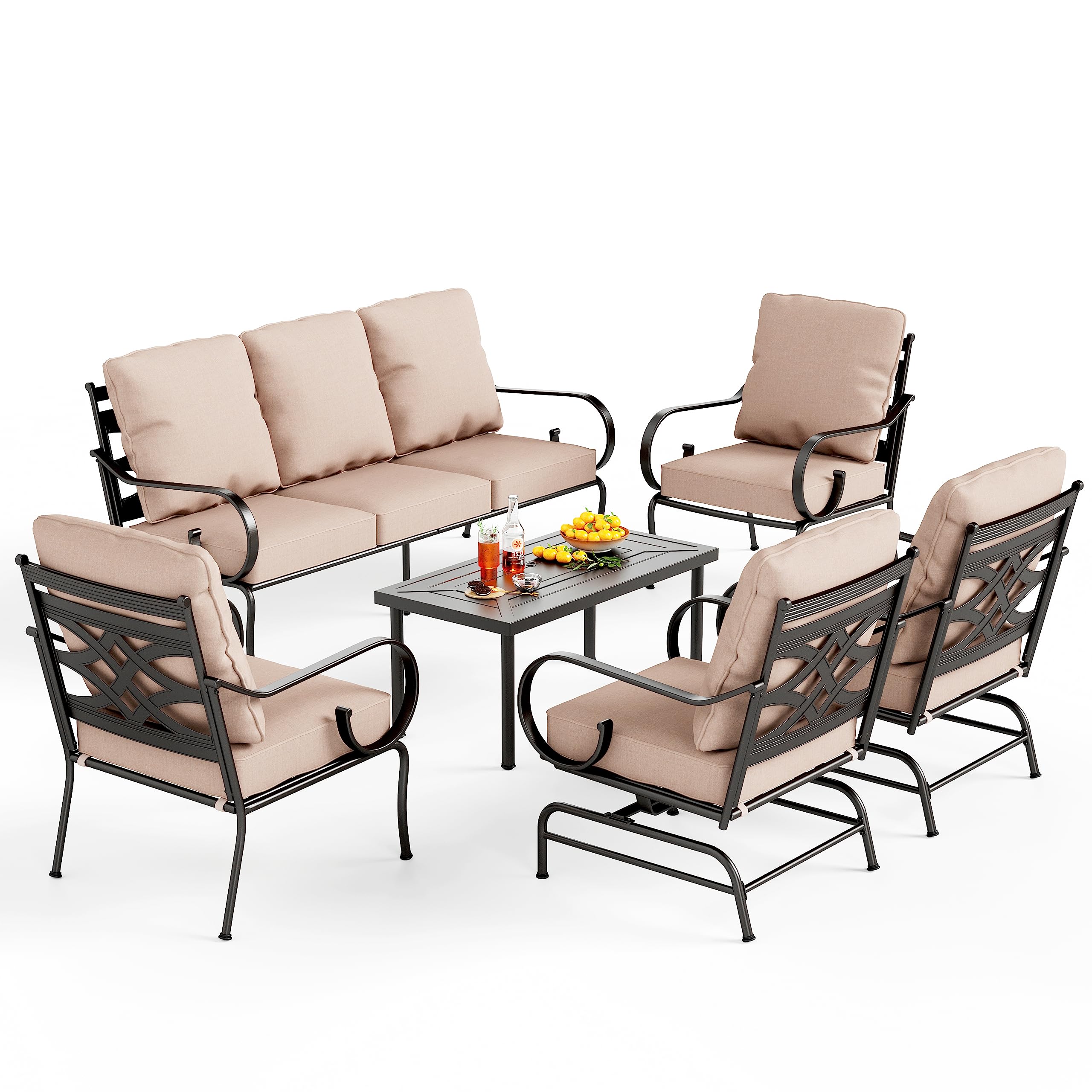 PHI VILLA Metal Patio Outdoor Furniture Sets,All-Weather Steel Frame Patio Conversation Sets for Backyard, Porch and Garden(Beige, 6 pcs w/Table)