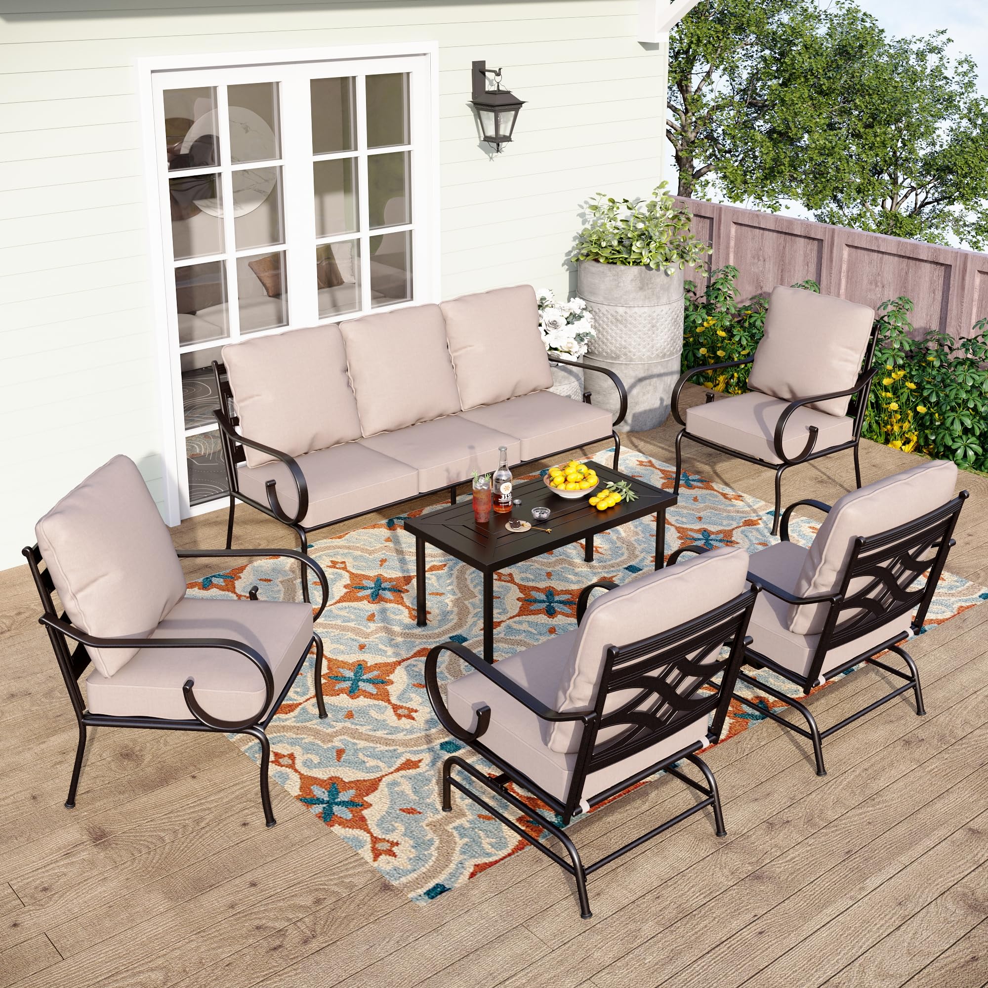 PHI VILLA Metal Patio Outdoor Furniture Sets,All-Weather Steel Frame Patio Conversation Sets for Backyard, Porch and Garden(Beige, 6 pcs w/Table)