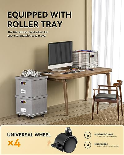 Oterri File Box,Upgraded Filing Box, Easy Slide File Boxes for Hanging Files with Lid,Linen Rolling Filing Cabinet,Portable File Organizer for Letter Size,Collapsible Document Organizer Box with 4