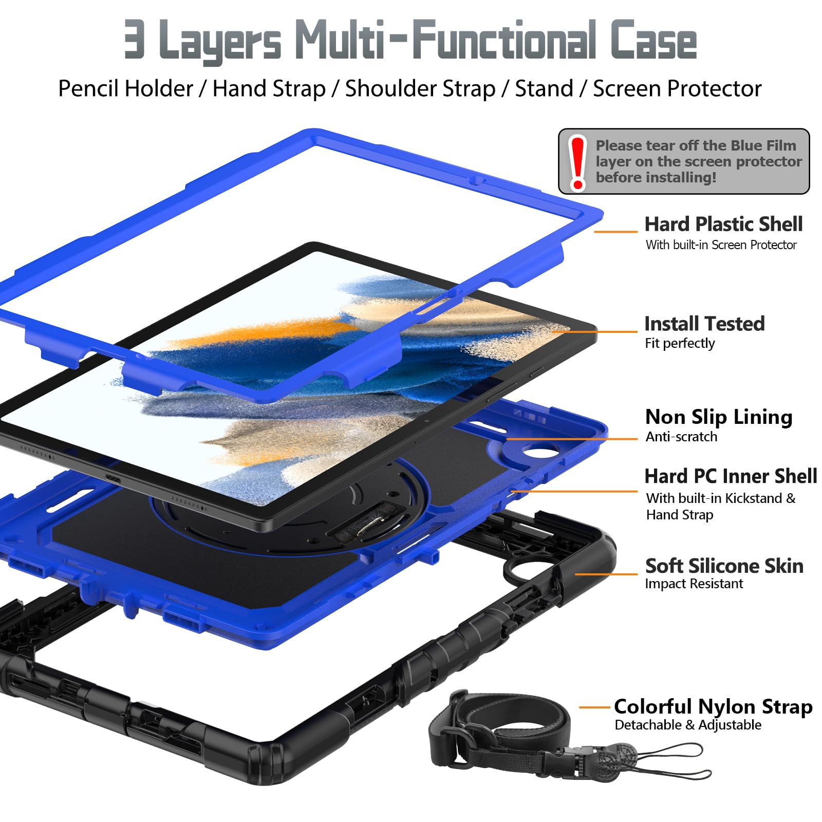 SIBEITU Case for Galaxy Tab A8 10.5 Inch 2022 (SM-X200/X205/X207), Samsung A8 Tablet Case W/Screen Protector Pencil Holder,Shockproof Cover w/Stand Hand Shoulder Strap for Galaxy Tab A8