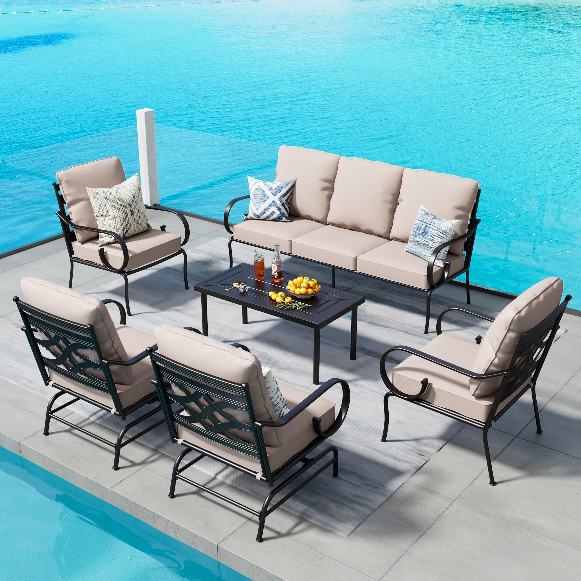PHI VILLA Metal Patio Outdoor Furniture Sets,All-Weather Steel Frame Patio Conversation Sets for Backyard, Porch and Garden(Beige, 6 pcs w/Table)