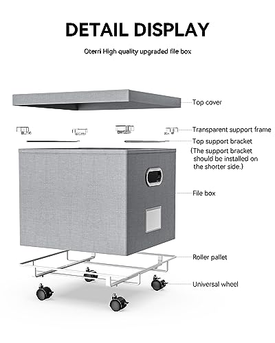 Oterri File Box,Upgraded Filing Box, Easy Slide File Boxes for Hanging Files with Lid,Linen Rolling Filing Cabinet,Portable File Organizer for Letter Size,Collapsible Document Organizer Box with 4