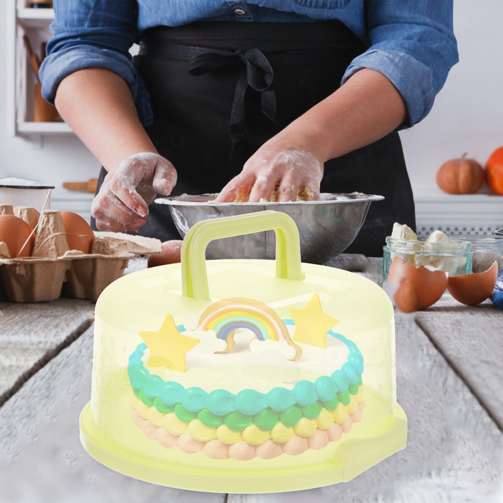 VOSAREA Food Containers Plastic Cake Carrier with Lid and Handle Round Cupcake Box Dessert Carrying Box Transport Cake Holder Tray Container with Dome Cover Green Decorative Tray