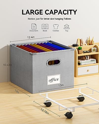 Oterri File Box,Upgraded Filing Box, Easy Slide File Boxes for Hanging Files with Lid,Linen Rolling Filing Cabinet,Portable File Organizer for Letter Size,Collapsible Document Organizer Box with 4