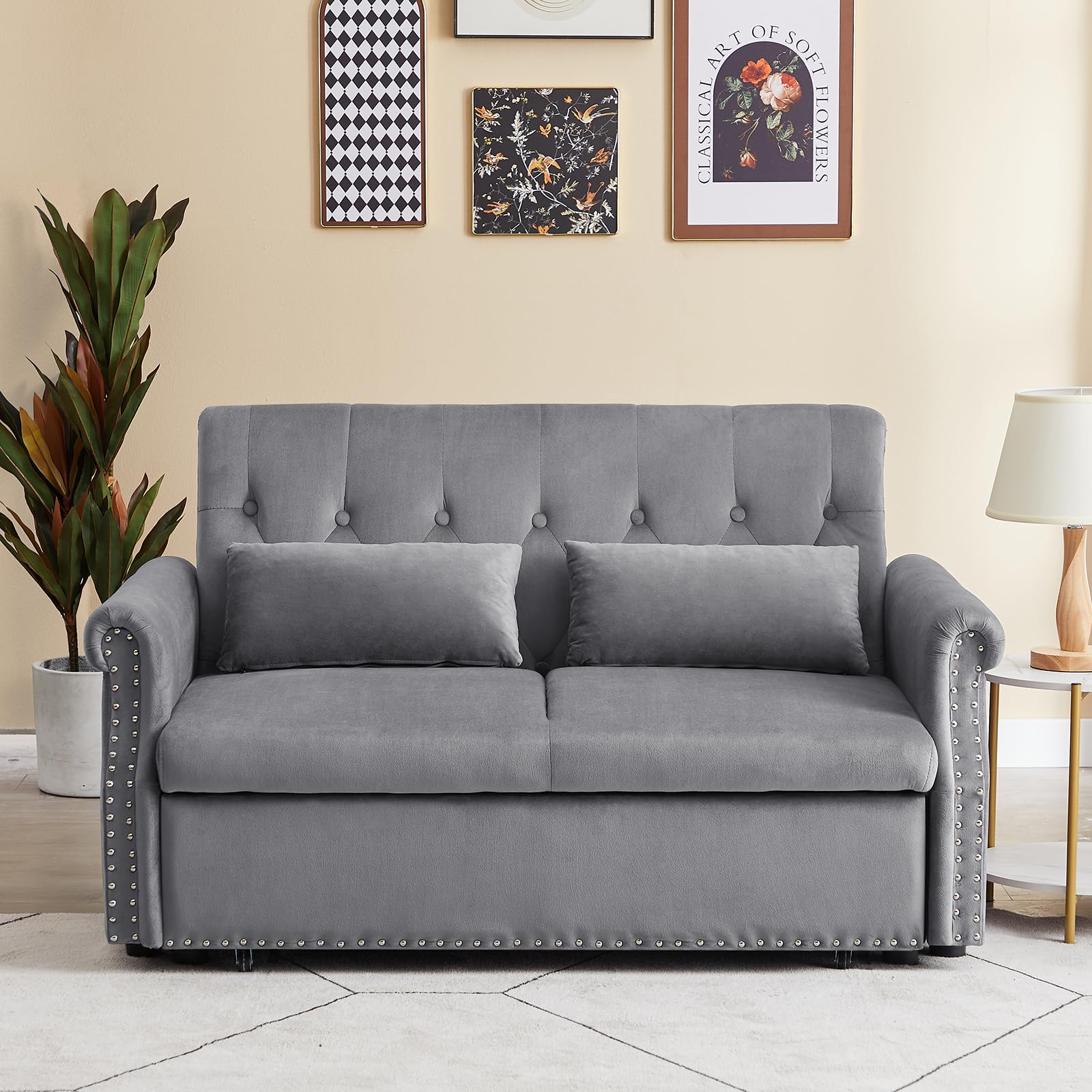 Velvet Pull Out Sleeper Sofa Bed, Convertible Futon Couch Bed with Adjustable Backrests, 3 in 1 Modern Tufted Loveseat with Retro Rivet, Small Love Seat for Living Room, Guest Room, Gray