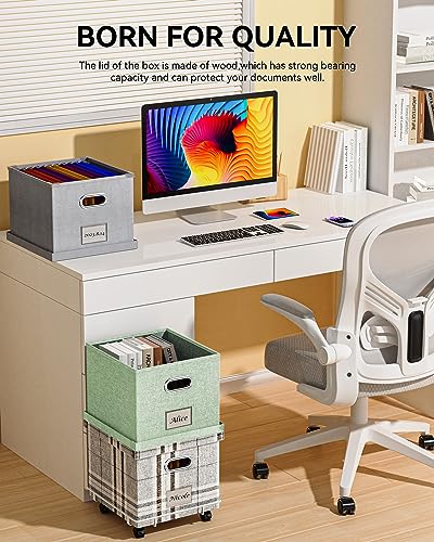 Oterri File Box,Upgraded Filing Box, Easy Slide File Boxes for Hanging Files with Lid,Linen Rolling Filing Cabinet,Portable File Organizer for Letter Size,Collapsible Document Organizer Box with 4