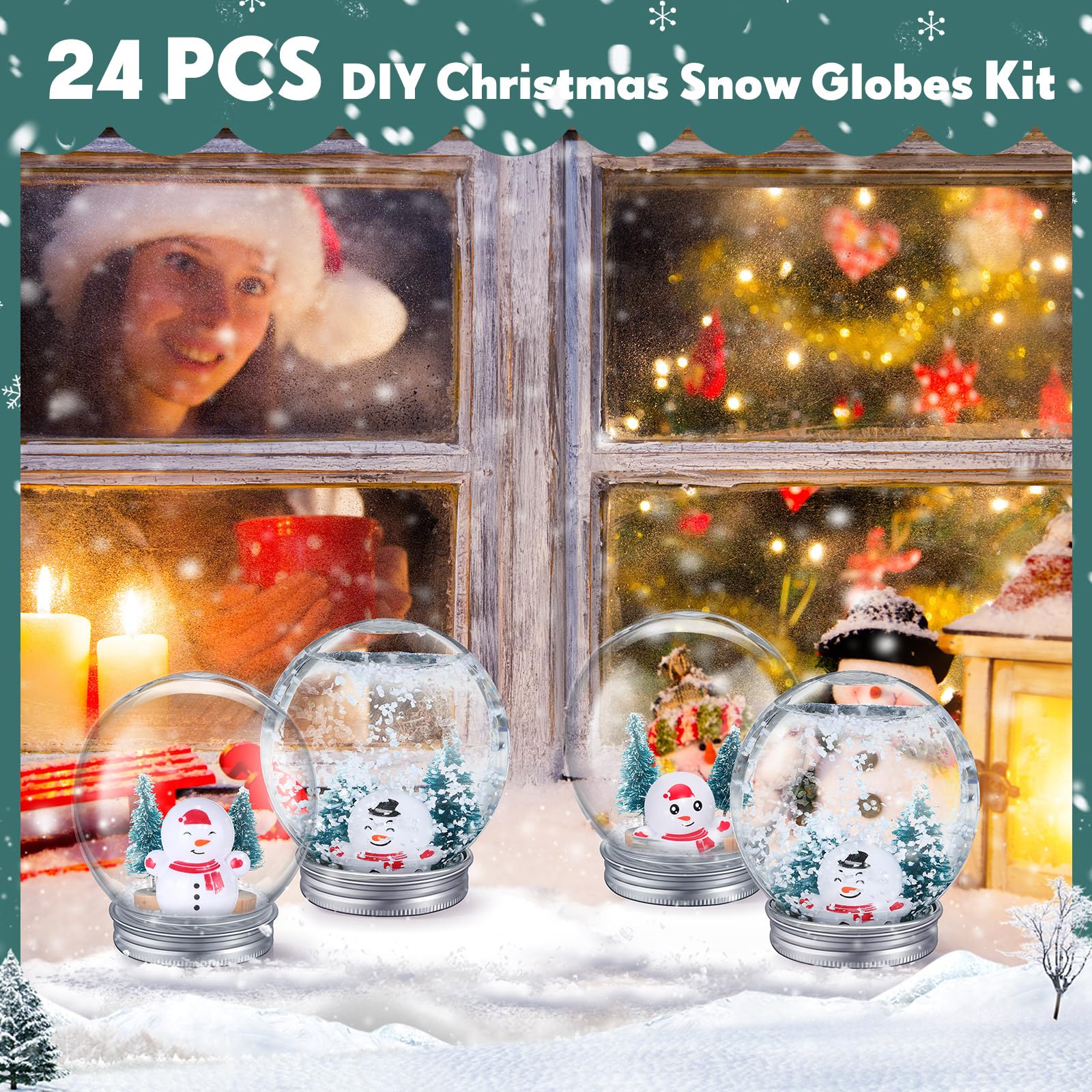 Jerify 24 Sets 3.6 Inch Christmas Clear Plastic Snow Globes Kit Snow Globe Water Globe with Christmas Tree Faux Snow Flakes Snowman Screw Off Cap for DIY Snow Globes Home Decoration Crafts