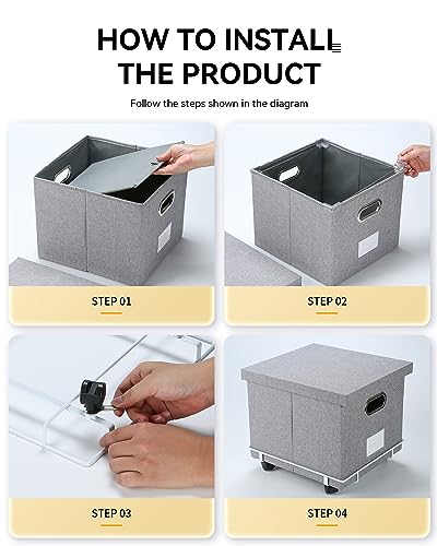 Oterri File Box,Upgraded Filing Box, Easy Slide File Boxes for Hanging Files with Lid,Linen Rolling Filing Cabinet,Portable File Organizer for Letter Size,Collapsible Document Organizer Box with 4