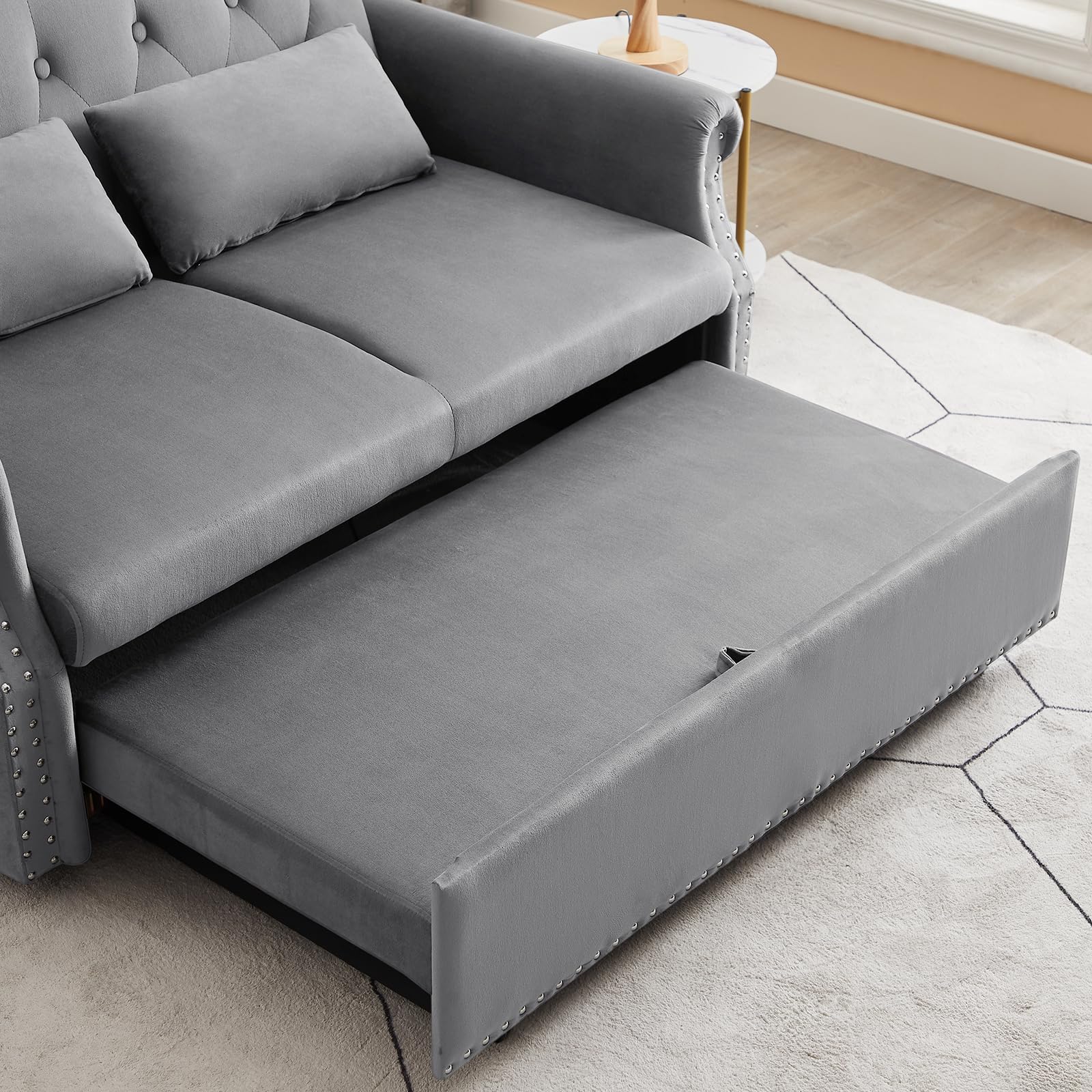 Velvet Pull Out Sleeper Sofa Bed, Convertible Futon Couch Bed with Adjustable Backrests, 3 in 1 Modern Tufted Loveseat with Retro Rivet, Small Love Seat for Living Room, Guest Room, Gray