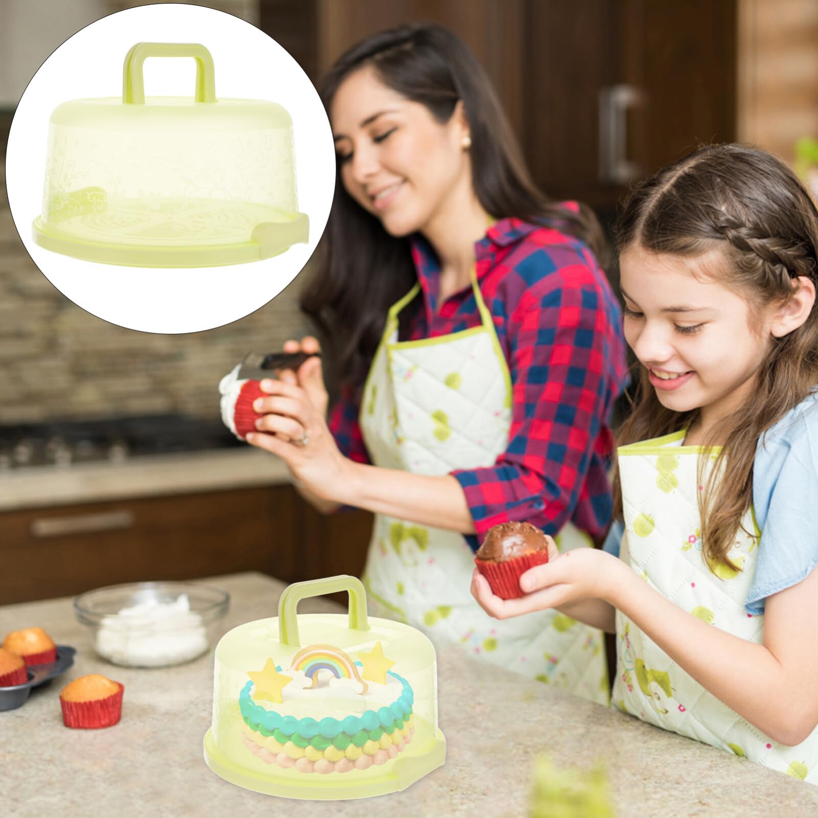 VOSAREA Food Containers Plastic Cake Carrier with Lid and Handle Round Cupcake Box Dessert Carrying Box Transport Cake Holder Tray Container with Dome Cover Green Decorative Tray