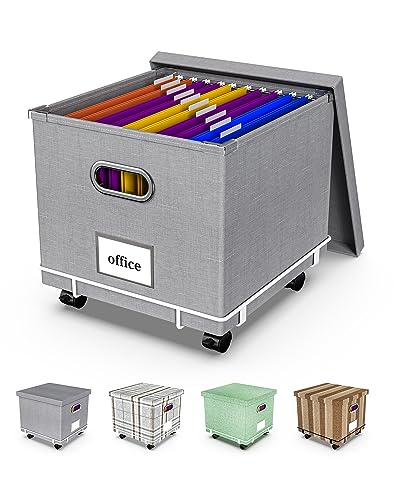 Oterri File Box,Upgraded Filing Box, Easy Slide File Boxes for Hanging Files with Lid,Linen Rolling Filing Cabinet,Portable File Organizer for Letter Size,Collapsible Document Organizer Box with 4
