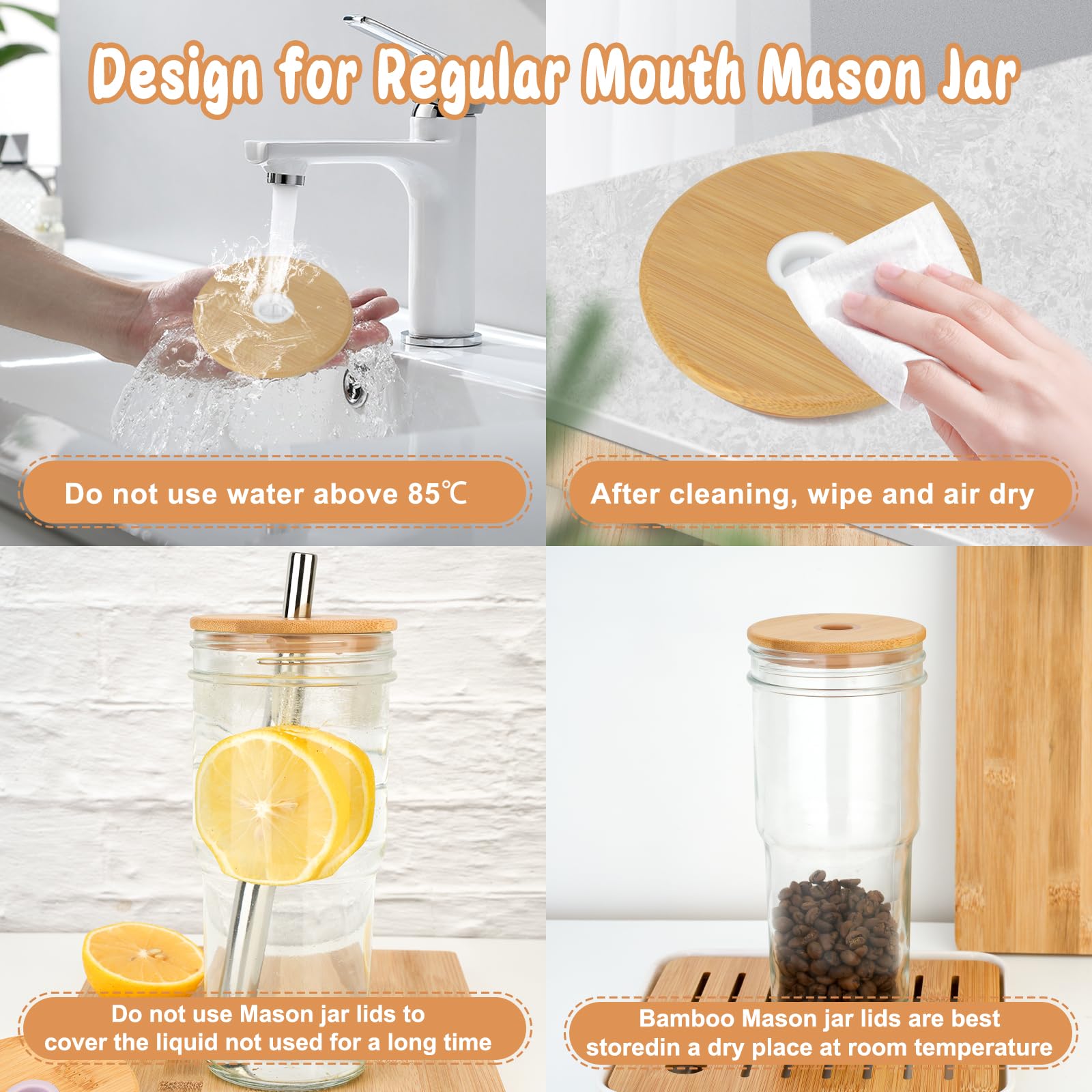 Cafezi Bamboo Lids Mason Jar Lids with Stainless Steel Straws,Reusable Lids with Straw Hole,2 Straws and 1 Straw Brush,Bamboo Mason Jar Lids for Wide and Regular Mouth Mason Jar