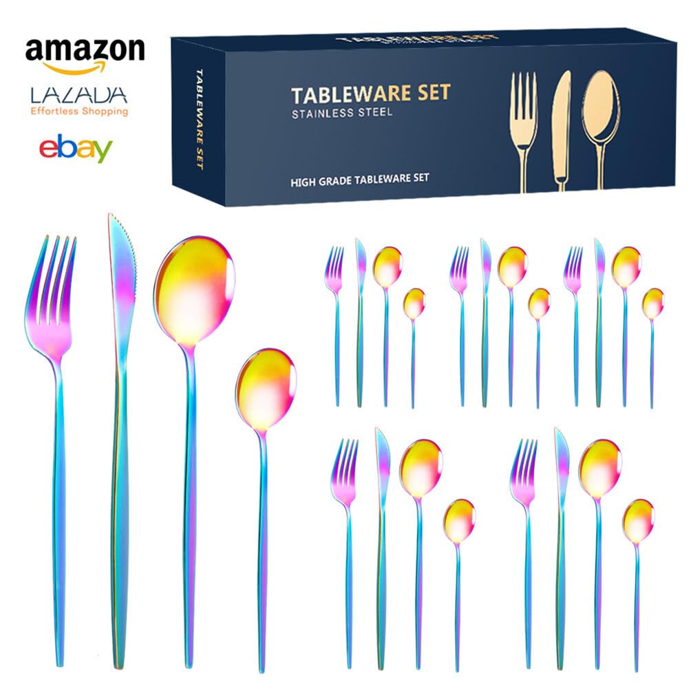 24Pieces Cutlery Set Stainless Steel Flatware Set Tableware Utensil Set with Gold Tea Spoon Food Knife Fruits Fork Set Service Eating Dinner for Kitchen Home Restaurant Hotel (Color)