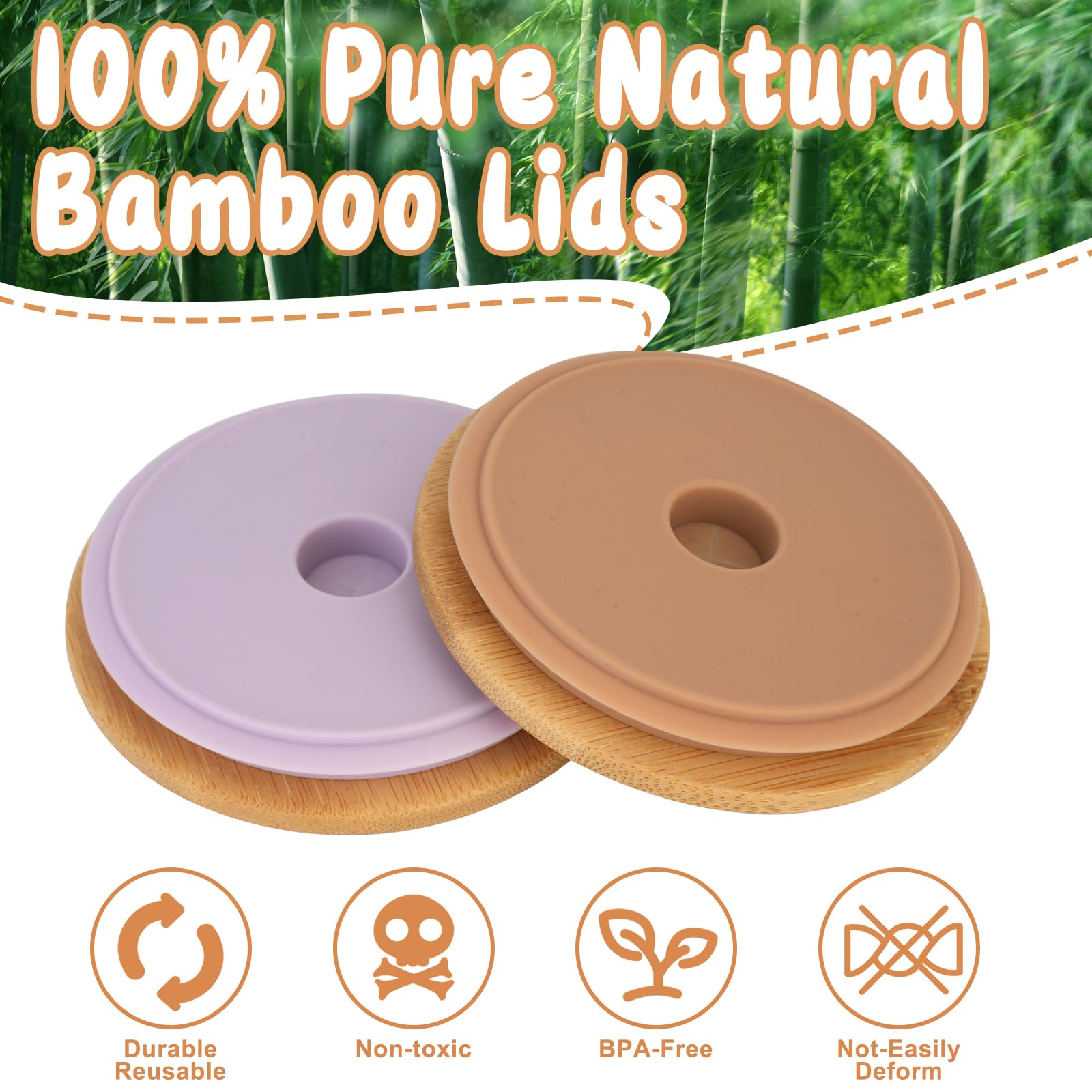 Cafezi Bamboo Lids Mason Jar Lids with Stainless Steel Straws,Reusable Lids with Straw Hole,2 Straws and 1 Straw Brush,Bamboo Mason Jar Lids for Wide and Regular Mouth Mason Jar