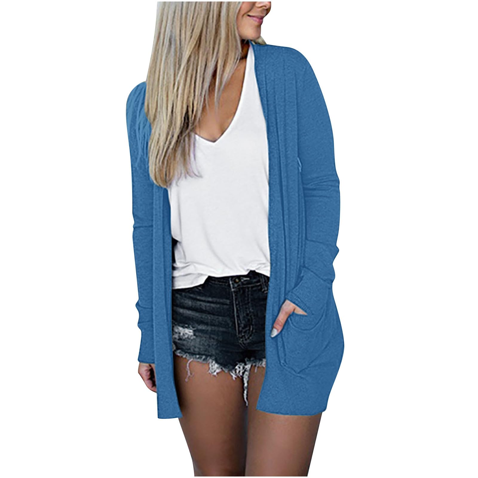 Lightweight Cardigans for Women Dressy Casual Open Front Long Sleeve Kimono Cardigan Loose Solid Shirts with Pockets