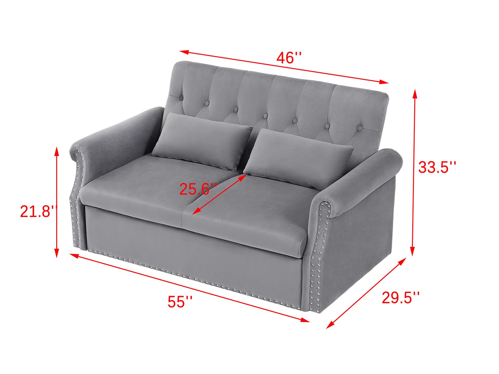 Velvet Pull Out Sleeper Sofa Bed, Convertible Futon Couch Bed with Adjustable Backrests, 3 in 1 Modern Tufted Loveseat with Retro Rivet, Small Love Seat for Living Room, Guest Room, Gray