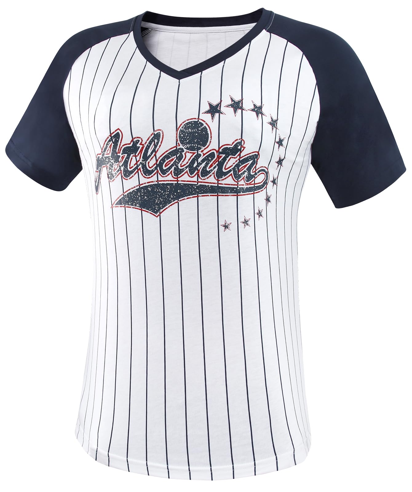 Womens City Baseball Fans Sporty Pinstripe V Neck Tee Shirts - White & Navy Size: Small