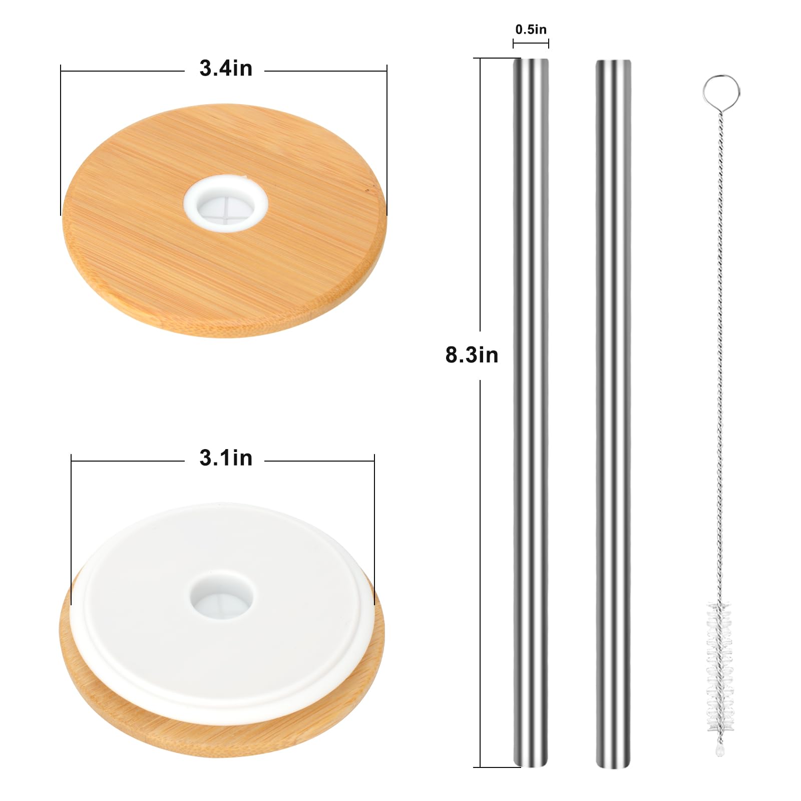 Cafezi Bamboo Lids Mason Jar Lids with Stainless Steel Straws,Reusable Lids with Straw Hole,2 Straws and 1 Straw Brush,Bamboo Mason Jar Lids for Wide and Regular Mouth Mason Jar