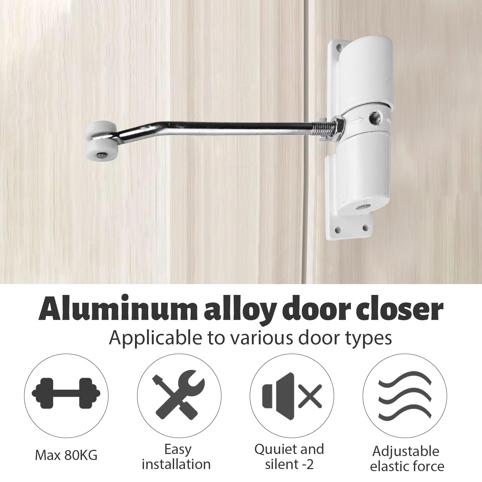 Automatic Door Closer, Zinc Alloy Safety Spring Door Closer Adjustable 30 kg Closing Door Hinge (White)