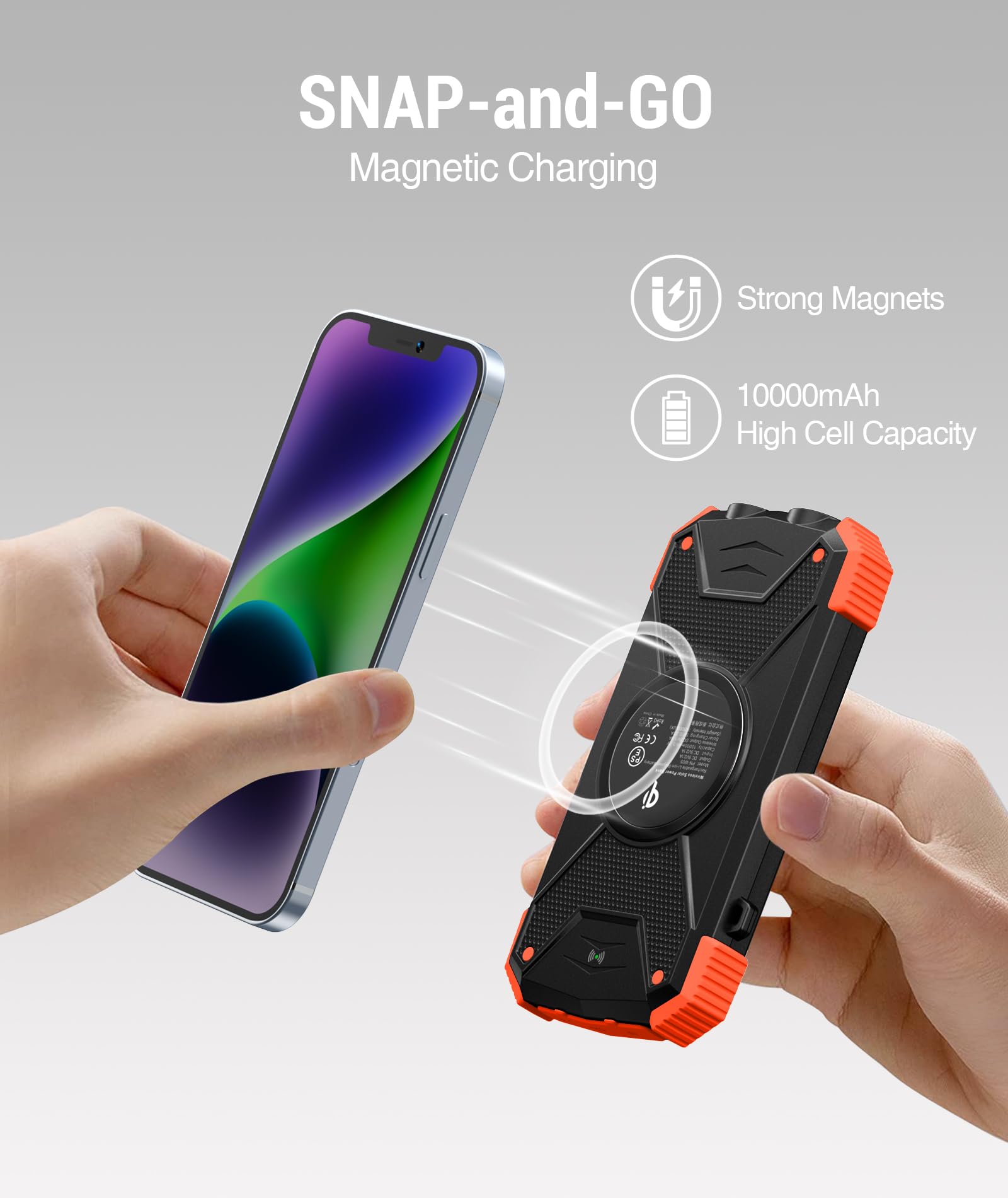 2 Pack ππ₯ππ§πππ Solar Powered Cell Phone Charger with Super-Strong Magnets 10,000mAh Waterproof Bakcup Battery for Camping (Green+Orange)