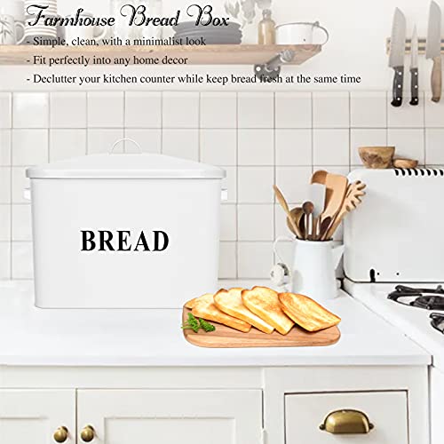 E-far Bread Box, Metal Bread Box with Lid for Kitchen Countertop, Large Bread Bin Holder Storage Container - 13" x 9.8" x 7.3" - Holds 2+ Loaves, Modern Farmhouse & Vintage Style - White