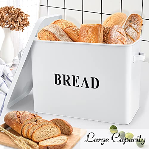 E-far Bread Box, Metal Bread Box with Lid for Kitchen Countertop, Large Bread Bin Holder Storage Container - 13" x 9.8" x 7.3" - Holds 2+ Loaves, Modern Farmhouse & Vintage Style - White