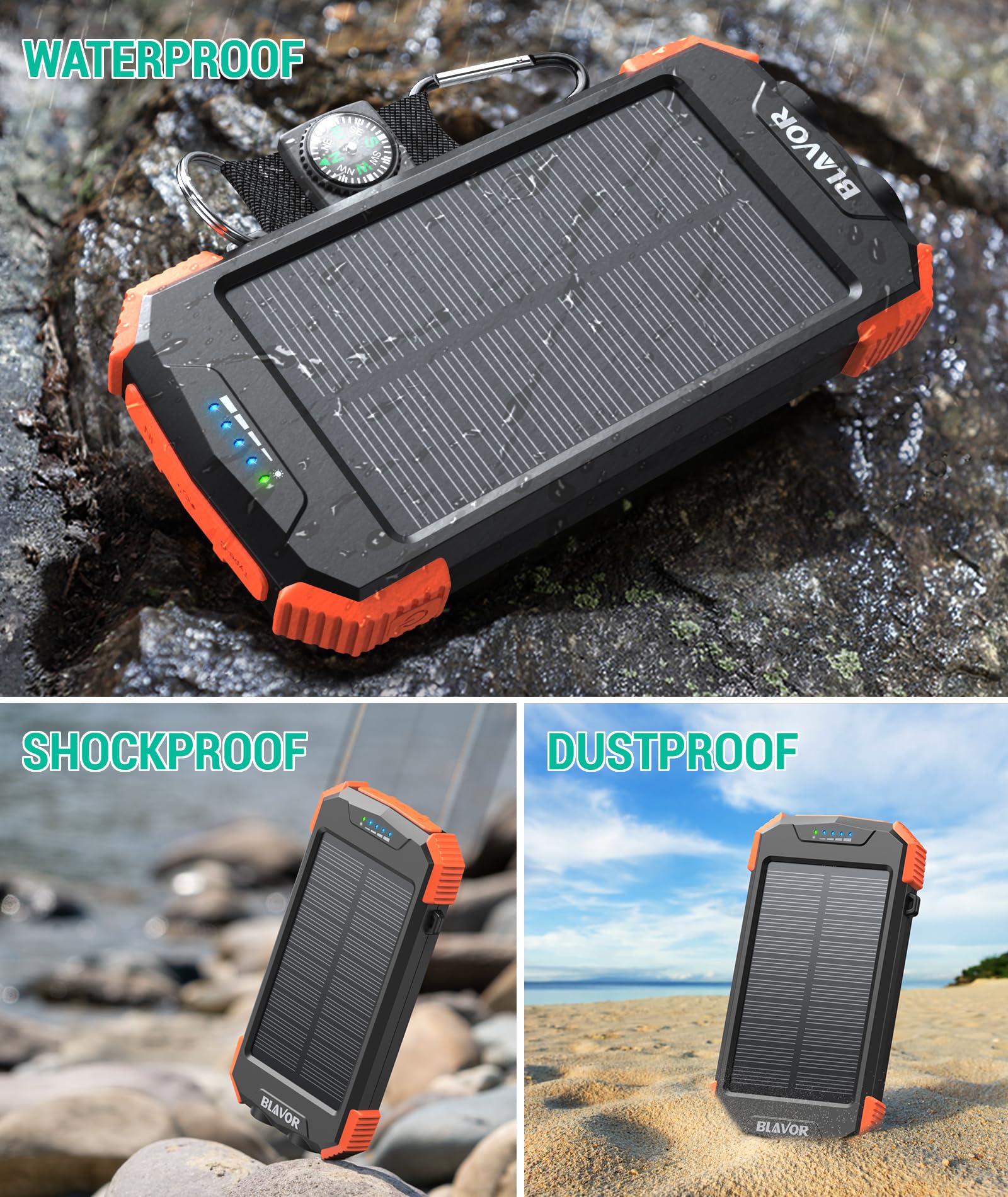 2 Pack ππ₯ππ§πππ Solar Powered Cell Phone Charger with Super-Strong Magnets 10,000mAh Waterproof Bakcup Battery for Camping (Green+Orange)