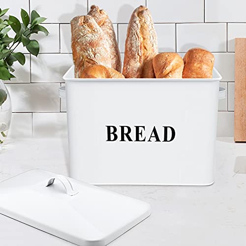 E-far Bread Box, Metal Bread Box with Lid for Kitchen Countertop, Large Bread Bin Holder Storage Container - 13" x 9.8" x 7.3" - Holds 2+ Loaves, Modern Farmhouse & Vintage Style - White