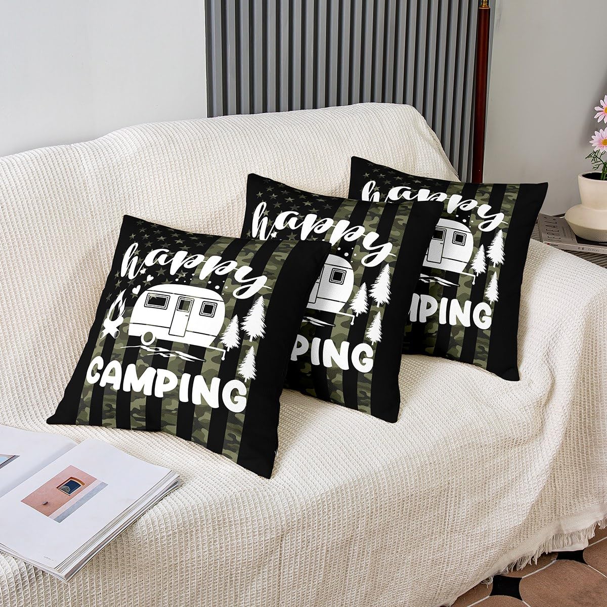 Camo Camping Pillow Case Cover 2 Pack,RV Camper Accessories for Travel Trailers 16"x16" Soft Cushion Cover Reversible Print,Green Camouflage American Flag Throw Couch Sofa Pillow Cover