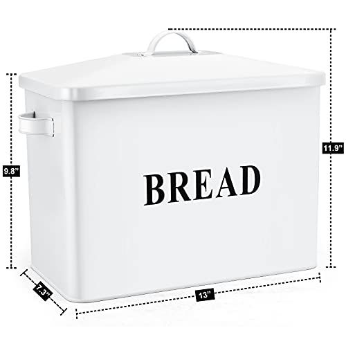 E-far Bread Box, Metal Bread Box with Lid for Kitchen Countertop, Large Bread Bin Holder Storage Container - 13" x 9.8" x 7.3" - Holds 2+ Loaves, Modern Farmhouse & Vintage Style - White