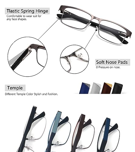 KISDATE OPTICS 4 Pack Reading Glasses Blue Light Blocking Men,Stylish Computer Readers Anti UV/Eyestrain Durable Metal Frame Spring Hinge Quality Eyeglasses Exquisite Leather Case (Mix Color +1.50)