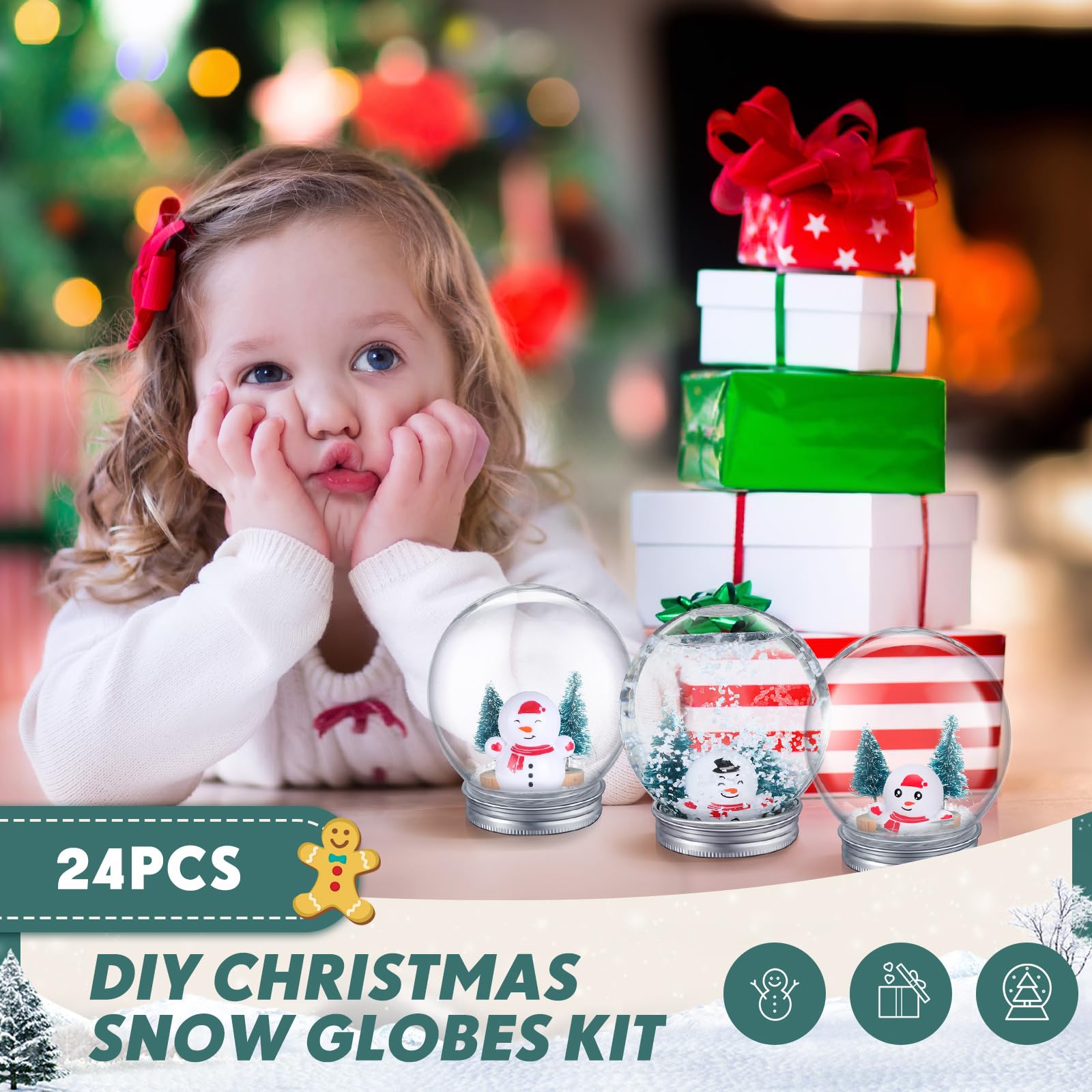 Jerify 24 Sets 3.6 Inch Christmas Clear Plastic Snow Globes Kit Snow Globe Water Globe with Christmas Tree Faux Snow Flakes Snowman Screw Off Cap for DIY Snow Globes Home Decoration Crafts