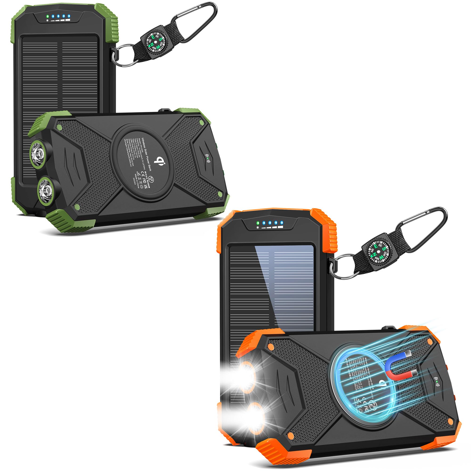 2 Pack 𝙐𝙥𝙜𝙧𝙖𝙙𝙚 Solar Powered Cell Phone Charger with Super-Strong Magnets 10,000mAh Waterproof Bakcup Battery for Camping (Green+Orange)