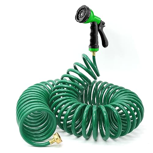HooSeen EVA Recoil Garden Hose 25ft,Coil Garden Hose with 10 Patterns Hose Nozzle,Flexible Water Hose with Solid Brass Connector for Outdoor, Boat,Lightweight and Kink Free (25FT, Green)