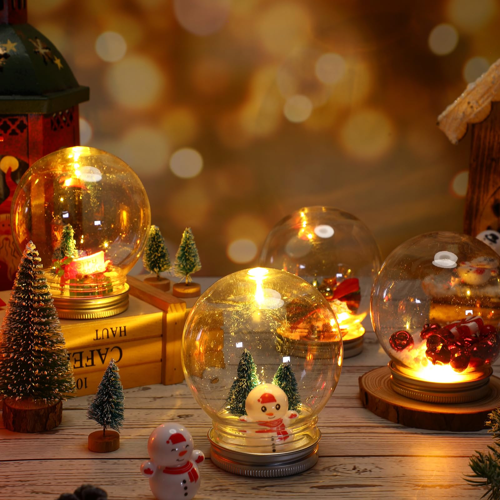 Jerify 24 Sets 3.6 Inch Christmas Clear Plastic Snow Globes Kit Snow Globe Water Globe with Christmas Tree Faux Snow Flakes Snowman Screw Off Cap for DIY Snow Globes Home Decoration Crafts
