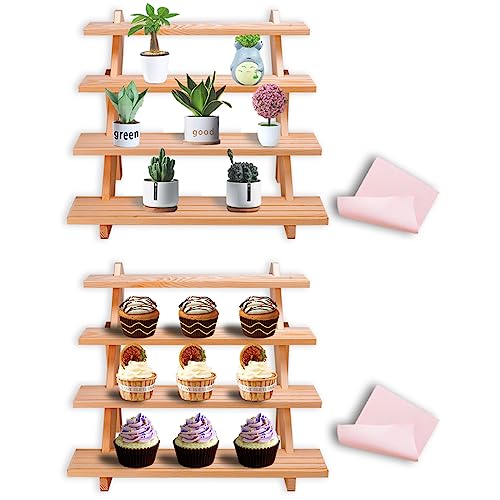 TOUNALKER 2 Packs Wooden Cupcake Display Stand, 4-Step Tiered Wood Retail Rustic Risers Display Shelf Organizer, Tabletop Vendor Display Shelves Rack for Collectibles Figures Perfumes Desserts