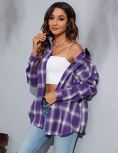 BMJL Womens Flannel Shirts Button Down Shirt Plaid Shacket Collared Long Sleeve Blouses Western Outfit Fall Tops Fashion 2023(Purple Plaid S)