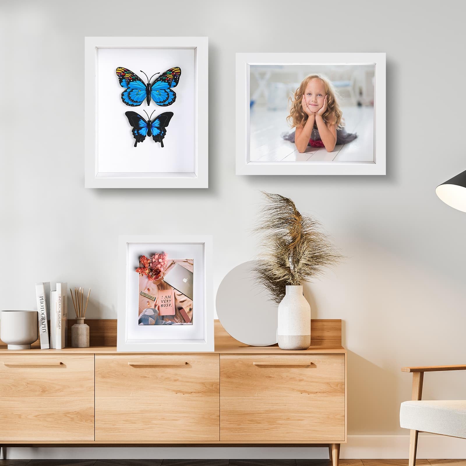 Shadow Box Frame Display Cases 8x10 - 3 Pack Deep Shadowbox Picture Frame with Galss 3D Display Wood Shadow Box Frame with Line Board