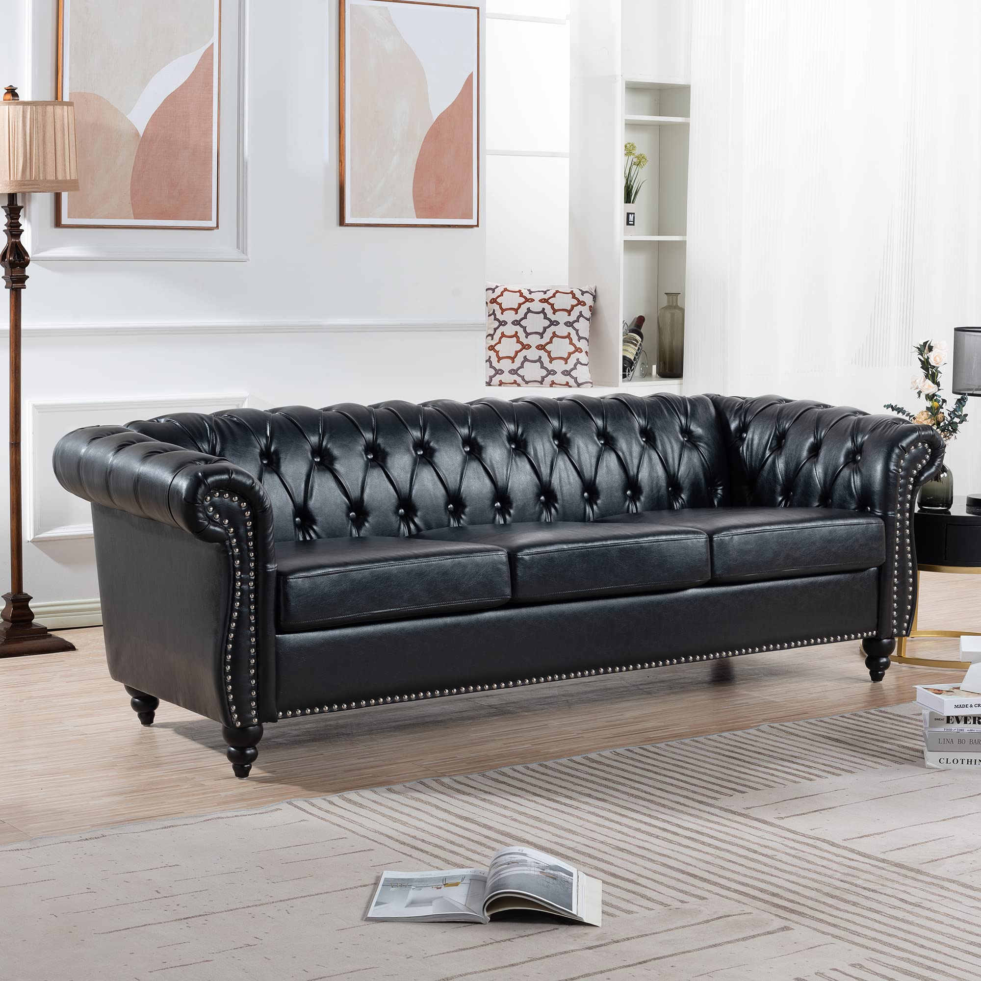 EMKK 84 inch Leather 3-Seater Sofa Couch,Rolled Arm Chesterfield Three Seater Sofá for Small Spaces, Bedroom, Living Room,Black