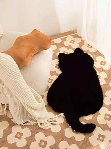 QWINEE Cute Cat Animal Shape Plush Rugs Cat Bed Mat Non Slip Soft Bath Carpet Thick Bath Mats for Pet Bed Mat Living Room Kitchen Black 18"*30"