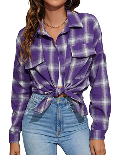 BMJL Womens Flannel Shirts Button Down Shirt Plaid Shacket Collared Long Sleeve Blouses Western Outfit Fall Tops Fashion 2023(Purple Plaid S)